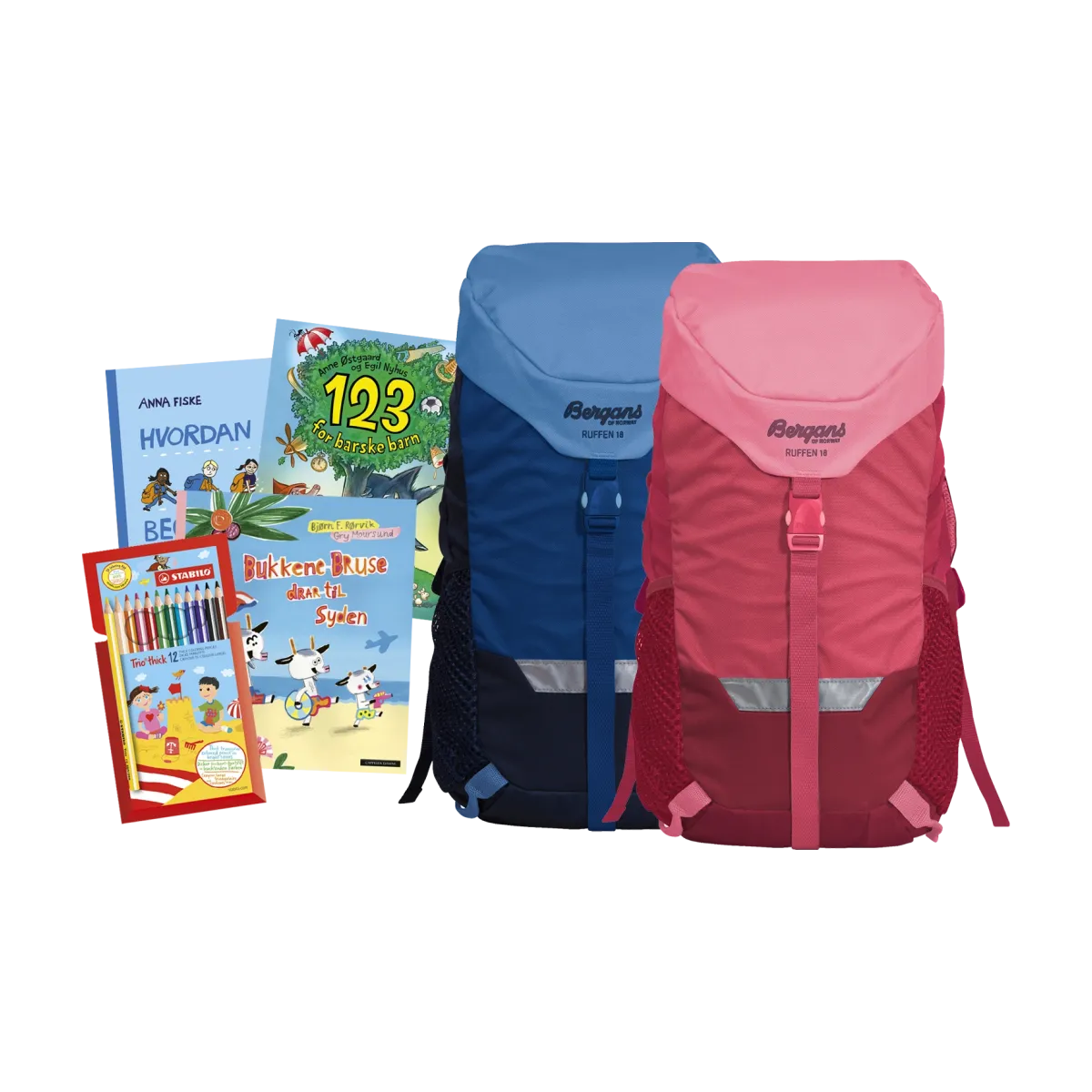 Velkomstgave med Berganssekk, fargeblyanter og barnebøker