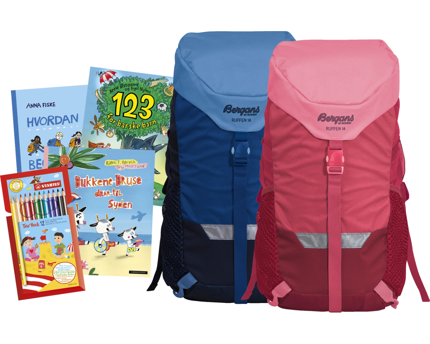 Velkomstgave med Berganssekk, fargeblyanter og barnebøker